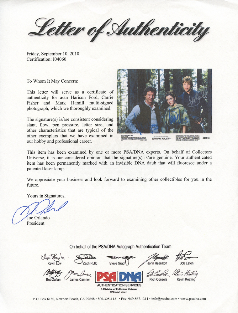 Harrison Ford, Carrie Fisher & Mark Hamill Signed Original 1983 "Star ...