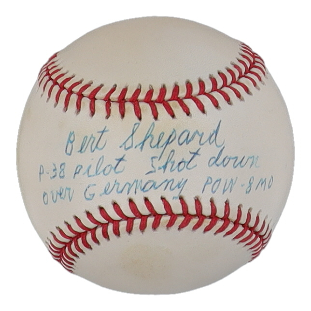 Bert Shepard Signed OAL Baseball Inscribed "P-38 Pilot SHot Down Over ...