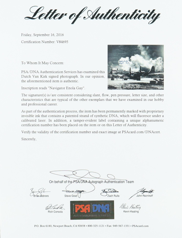 Theodore "Dutch" Van Kirk Signed 16x20 Photo Inscribed "Navigator ...