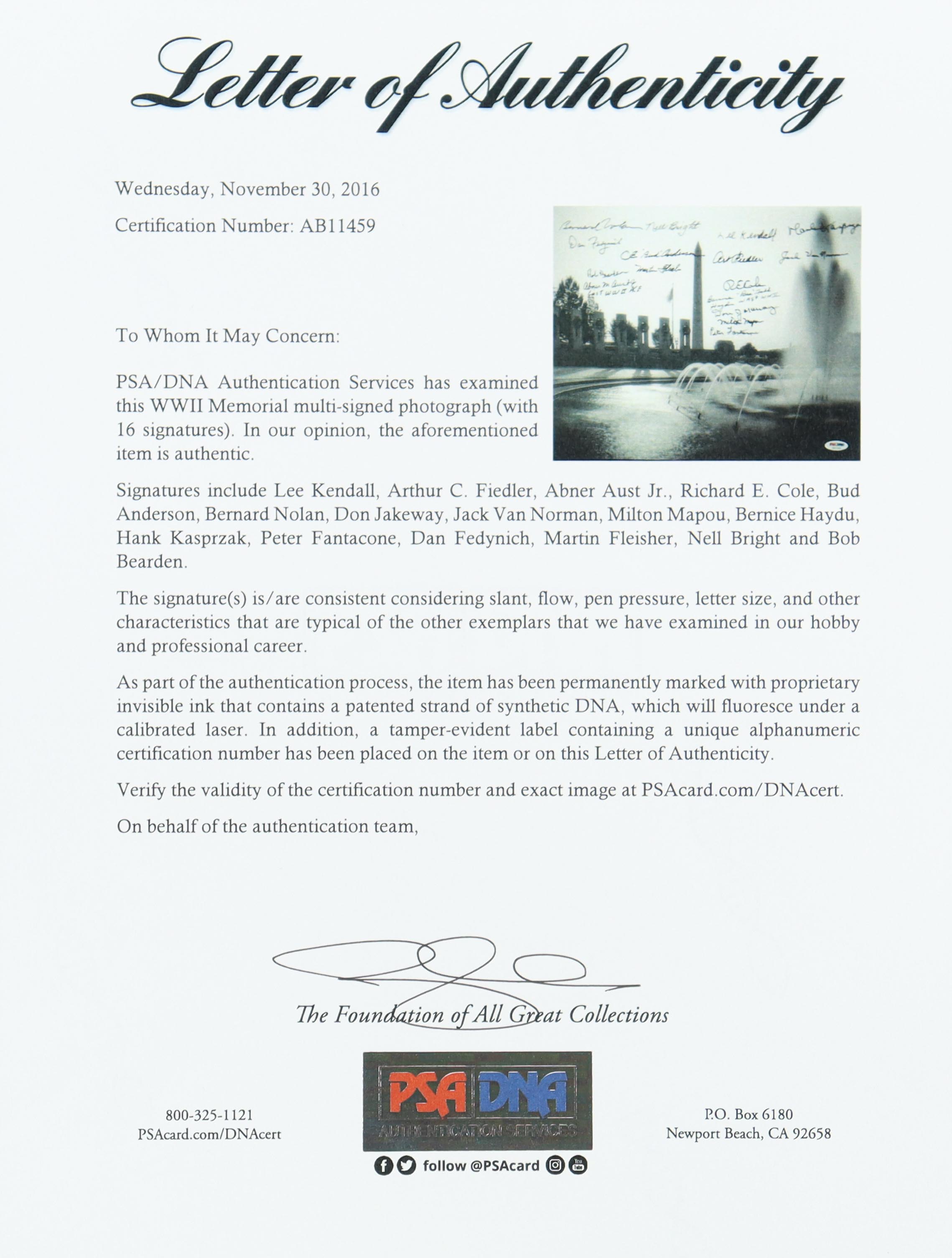 WWII Memorial 11x14 Photo Signed by (16) with Lee Kendall, Arthur C ...