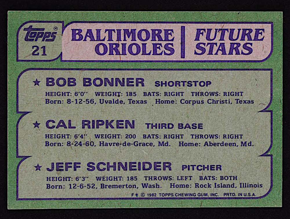 Bob Bonner / Cal Ripken Jr. / Jeff Schneider 1982 Topps #21 RC ...