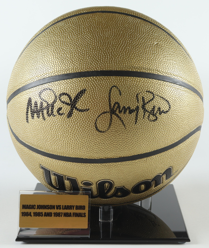 Larry Bird & Magic Johnson Signed Gold NBA Basketball With Nameplate ...