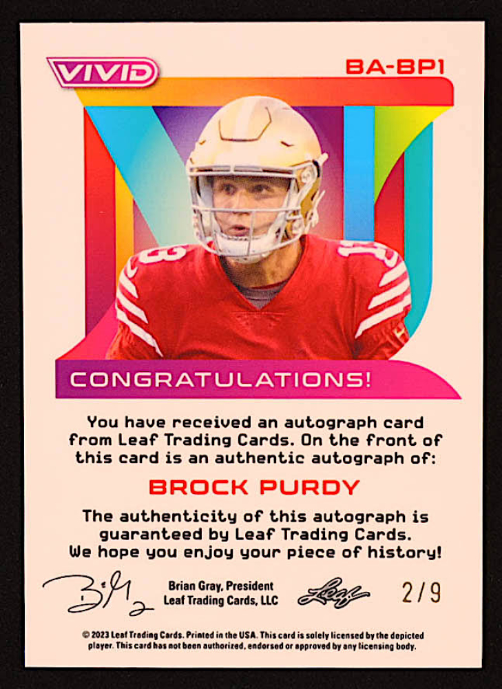 Brock Purdy 2023 Leaf Vivid Gray Crystal #BABP1 #2/9 | Pristine Auction