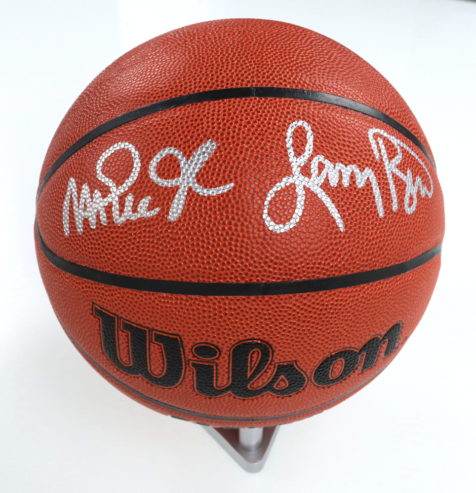 Magic Johnson & Larry Bird Signed NBA Basketball with All-Wood Display Stand (PSA & Beckett ...