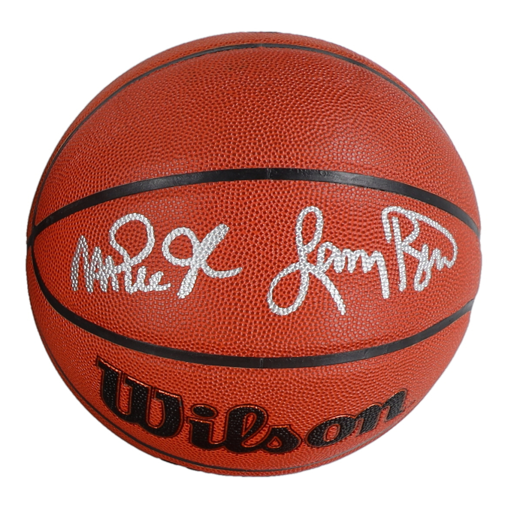 Magic Johnson & Larry Bird Signed NBA Basketball with All-Wood Display ...