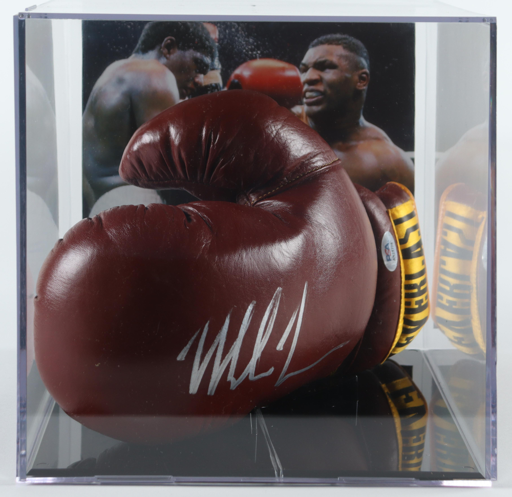Mike Tyson Signed Everlast Burgundy Boxing Glove In Photo Back Display ...