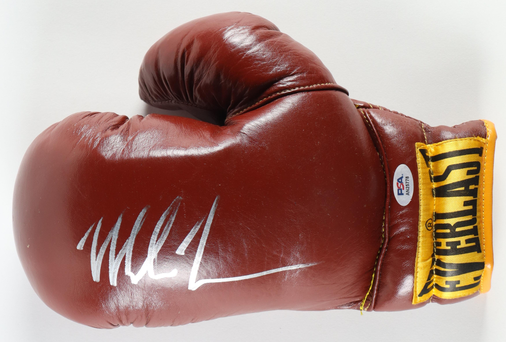 Mike Tyson Signed Everlast Burgundy Boxing Glove In Photo Back Display ...