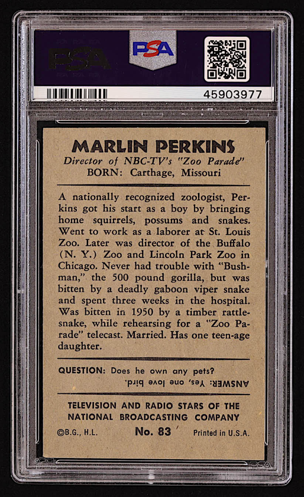 Marlin Perkins 1953 Bowman TV and Radio Stars of NBC #83 (PSA 6 ...