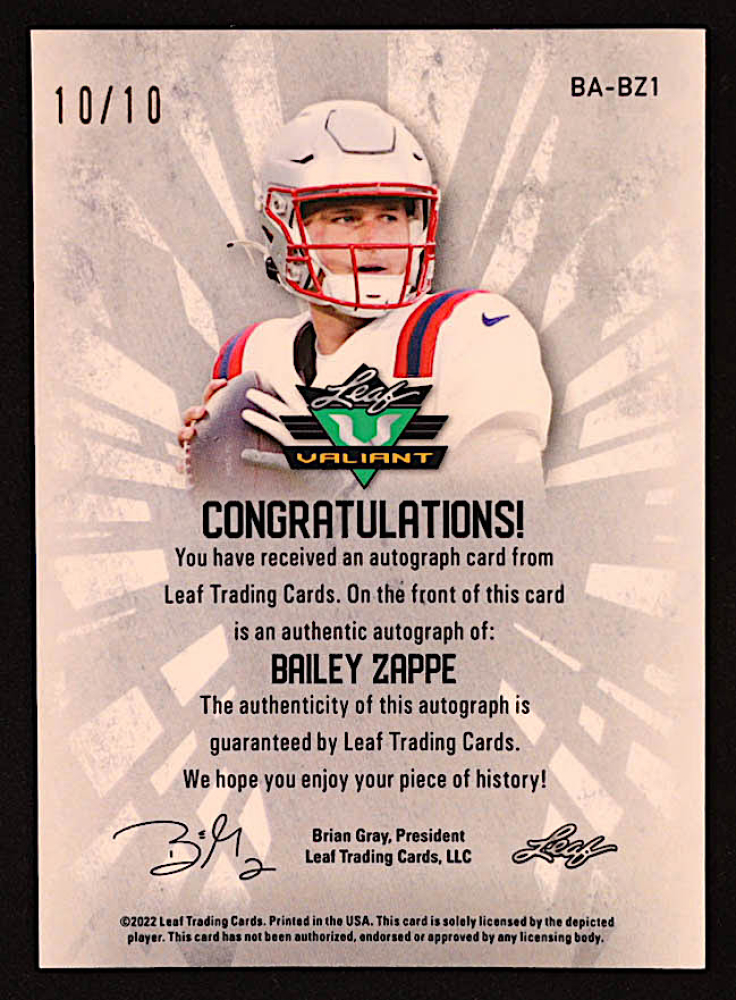 Bailey Zappe 2022 Leaf Valiant Platinum Blue #BABZ1 RC #10/10 | Pristine Auction