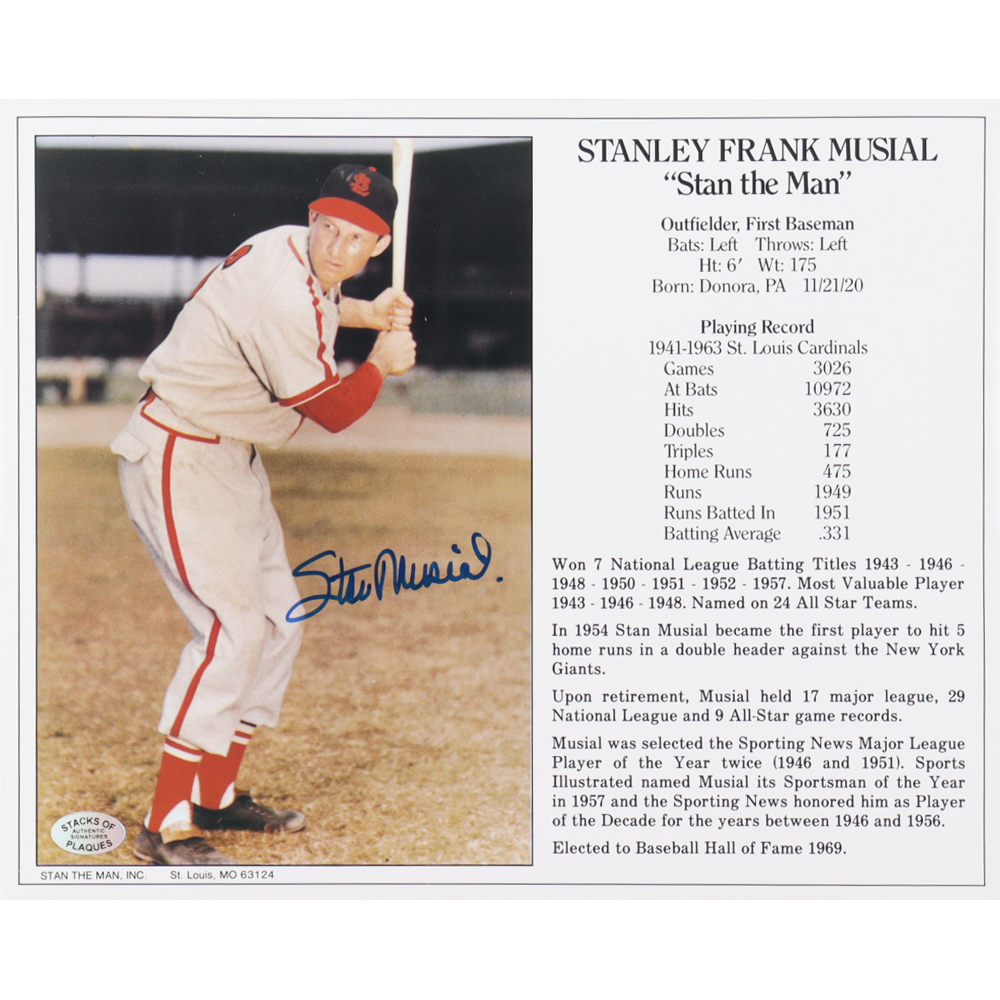 Stan Musial Signed Cardinals 8x10 Photo (Stacks Of Plaques) | Pristine ...