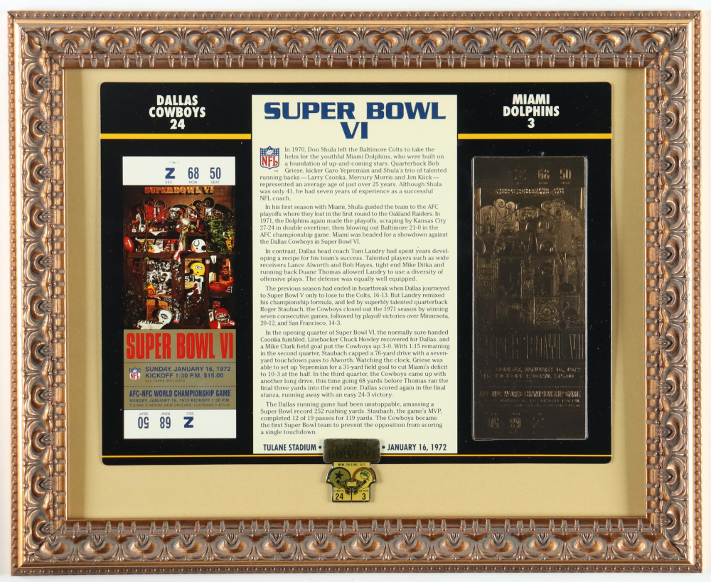 Super Bowl VI Commemorative Custom Framed Score Card Display with 23kt ...
