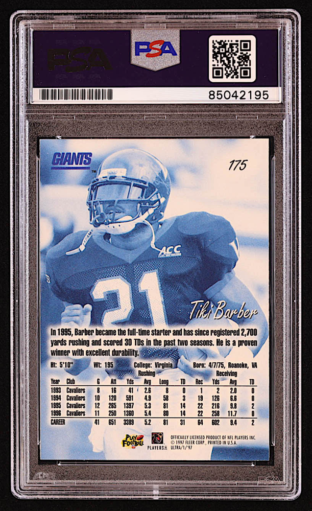 Tiki Barber Signed 1997 Ultra #175 RC (PSA) | Pristine Auction