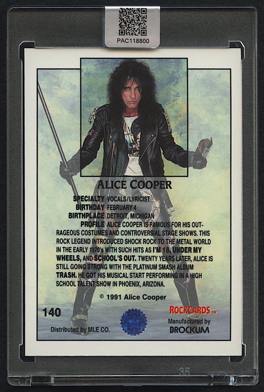 Alice Cooper Signed 1991 Brockum Rock Cards #140 (PA Encapsulated ...