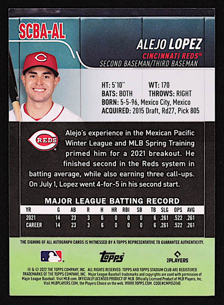Alejo Lopez 2022 Stadium Club Autographs #SCBAAL RC | Pristine Auction