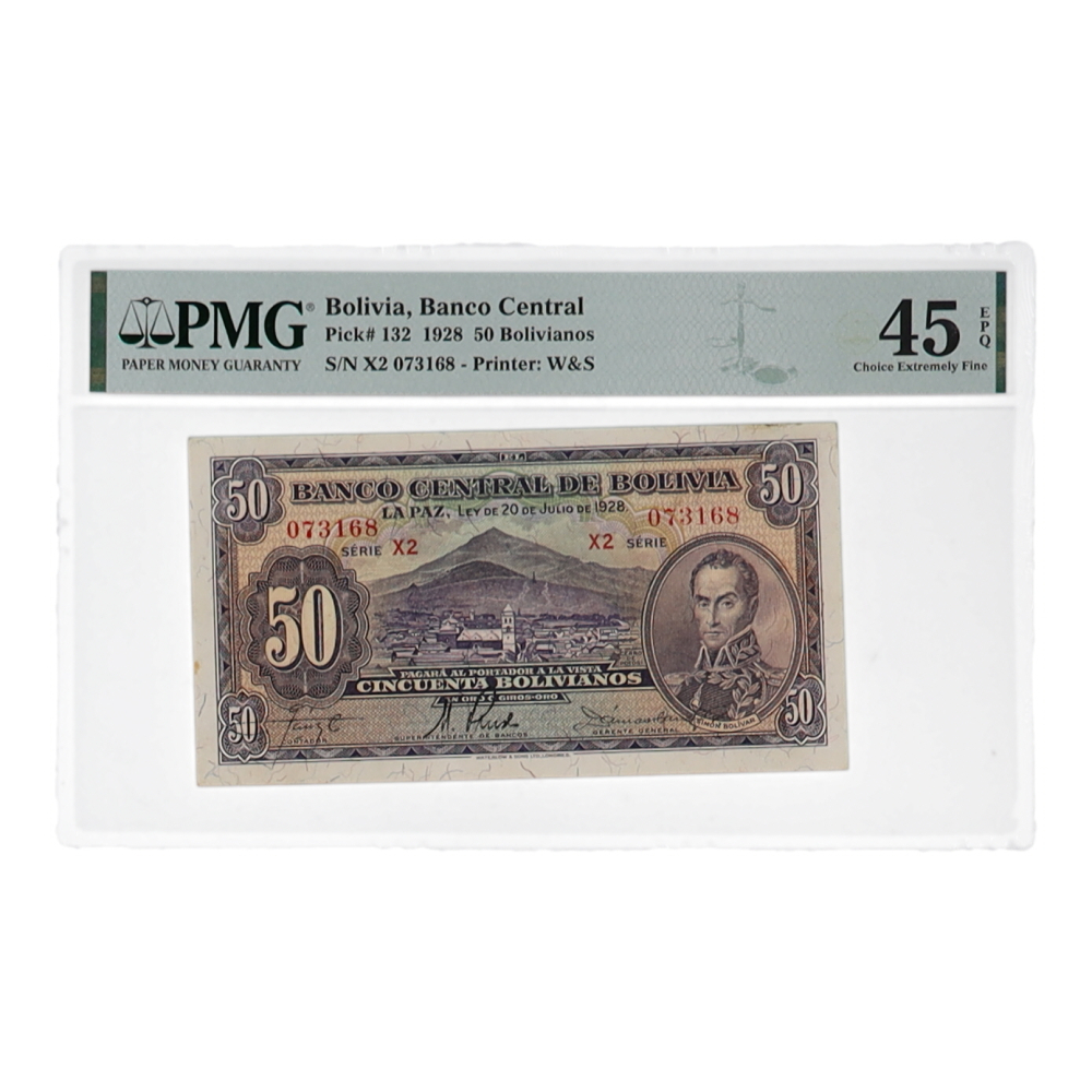 1928 Bolivia, Banco Central - 50 Bolivianos (PMG Choice EF45 EPQ) | Pristine Auction