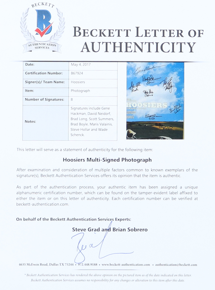 Hoosiers 11x17 Photo Signed By (8) Including Gene Hackman, Wade Schenck ...