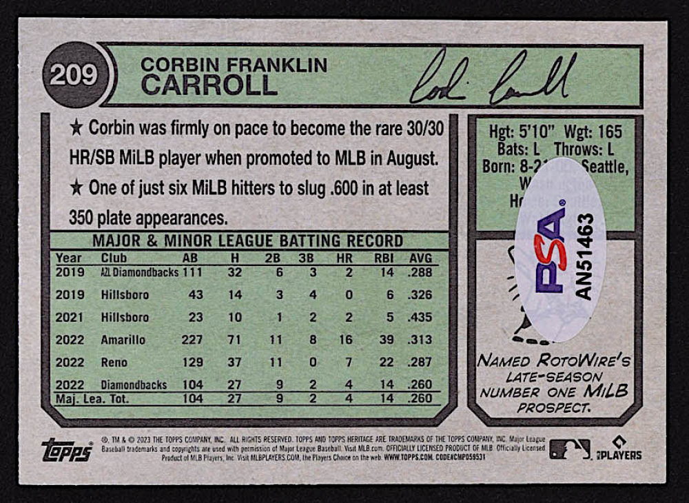 Corbin Carroll Signed 2023 Topps Heritage #209 RC (PSA) | Pristine Auction