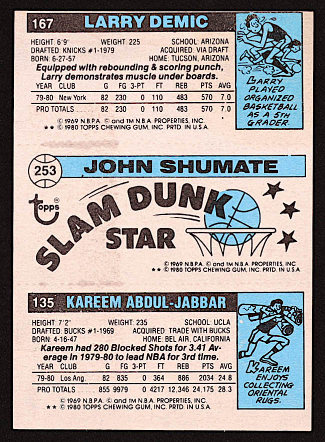 Kareem Abdul-Jabbar / John Shumate / Larry Demic 1980-81 Topps #132 ...