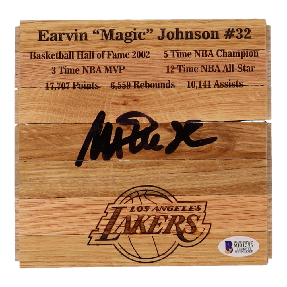 Magic Johnson Signed 6x6 Custom Engraved Wood Floorboard Piece (Johnson ...