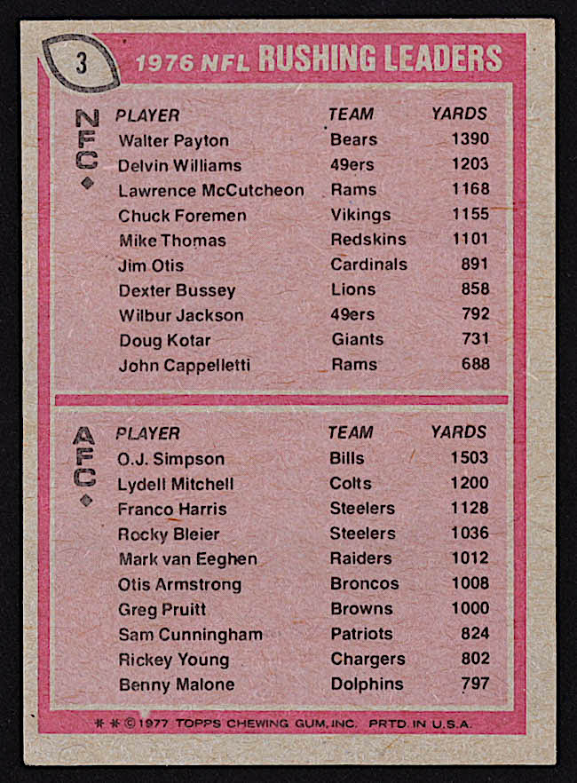 Walter Payton / O.J. Simpson 1977 Topps #3 Rushing Leaders | Pristine ...