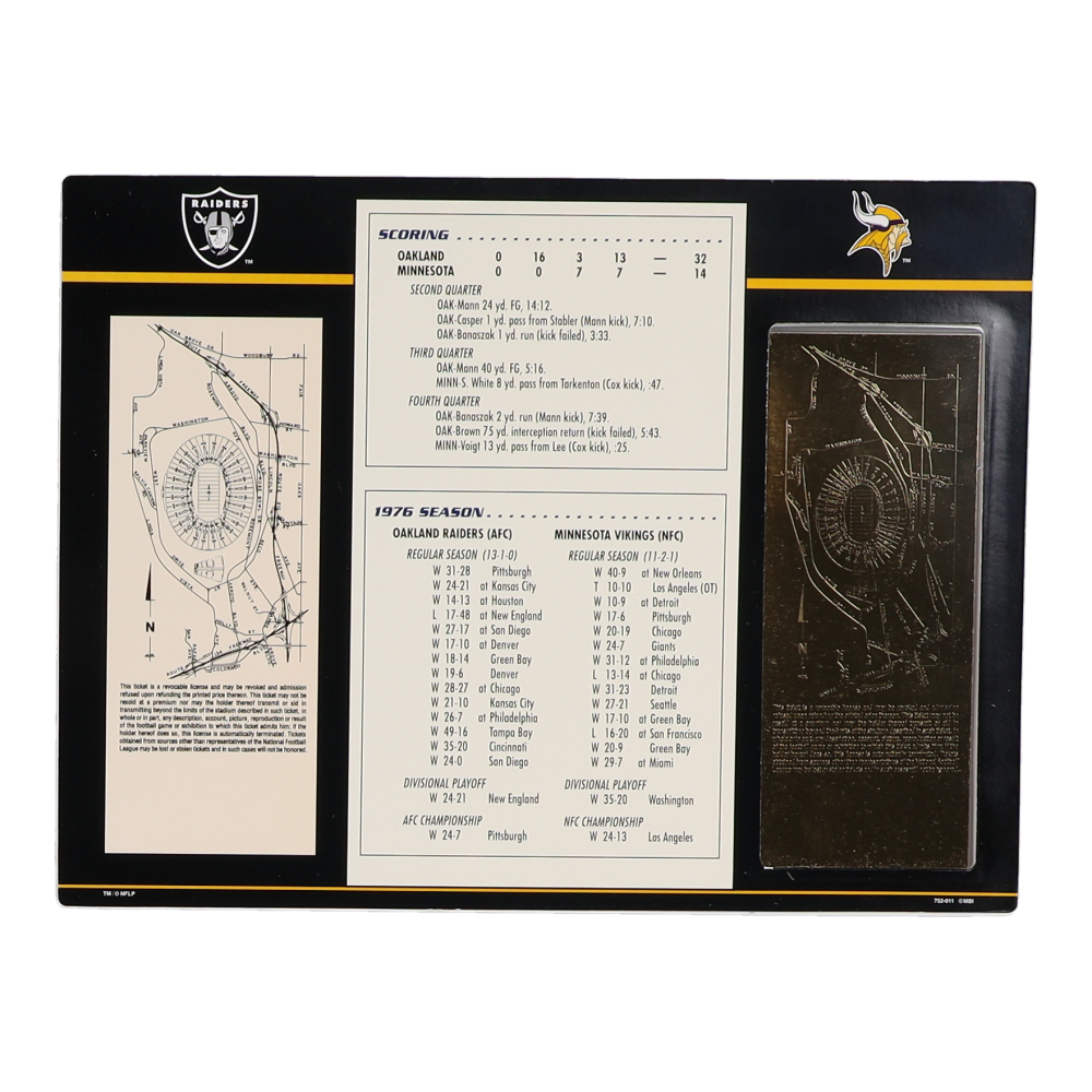 1977 Commemorative Super Bowl XI Card with 22KT Gold Ticket: Raiders vs ...