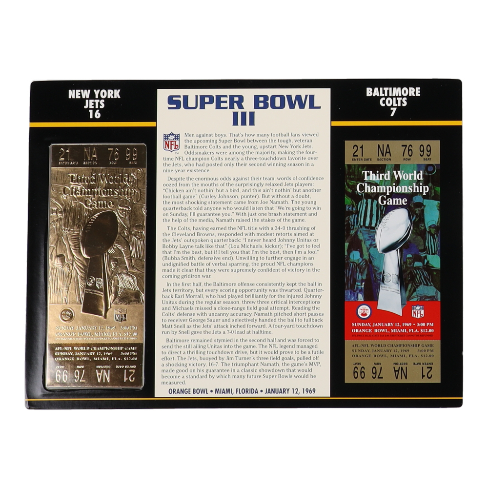 Super Bowl III Commemorative 9x12 Score Card Display with 22KT Replica ...