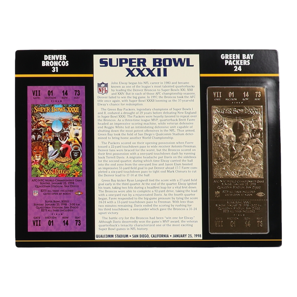 1999 Commemorative Super Bowl XXXIII Card with 22KT Gold Ticket: Denver Broncos Super Bowl ...
