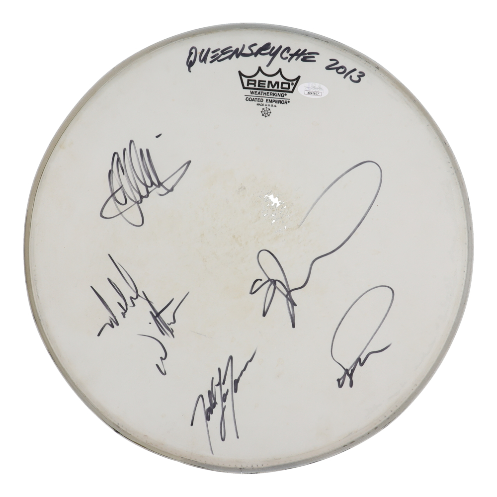 Queensryche 15" Drumhead Band-Signed by (5) with Scott Rockenfield ...