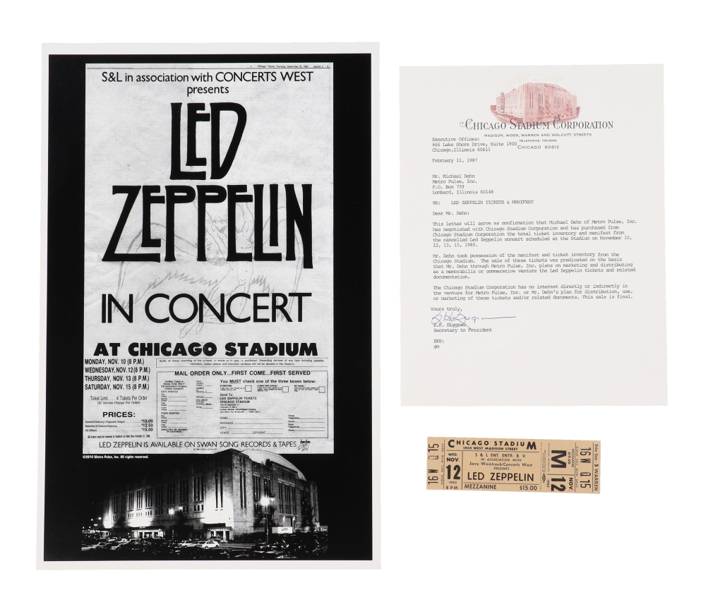 Led Zeppelin Set of (3) Items with 1980 Ticket, 12x18 Concert Poster ...