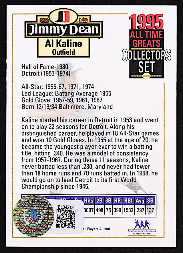 Al Kaline Signed 1995 Jimmy Dean All-Time Greats #3 (Beckett ...