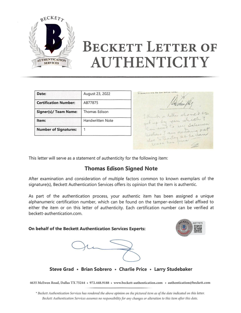 Thomas Edison Signed 8.5x11 Handwritten Note (Beckett) | Pristine Auction