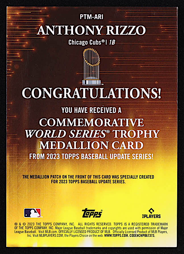 Anthony Rizzo 2023 Topps Update Commemorative Postseason Trophy ...