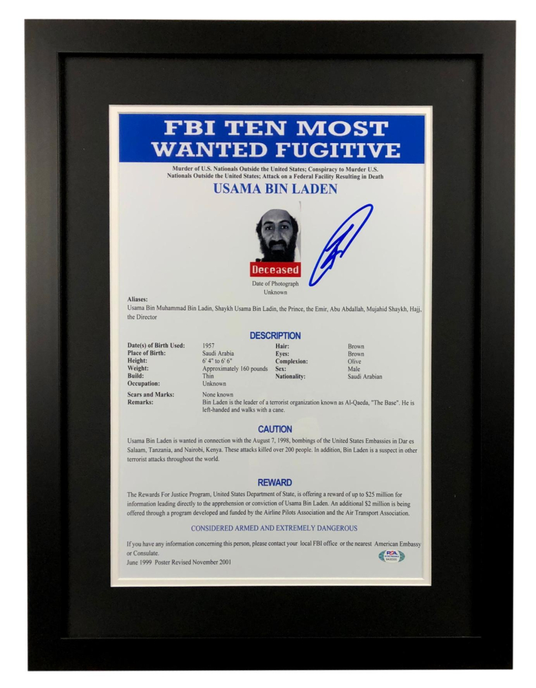Robert J. O'Neill Signed Custom Framed FBI Ten Most Wanted Fugitive ...