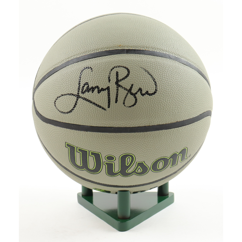 Larry Bird Signed Green NBA Logo Basketball With Green Display Stand ...