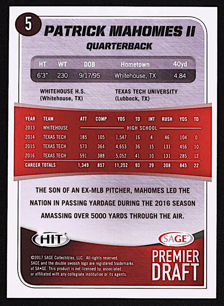 Patrick Mahomes II 2017 SAGE HIT Premier Draft Silver #5 RC | Pristine ...