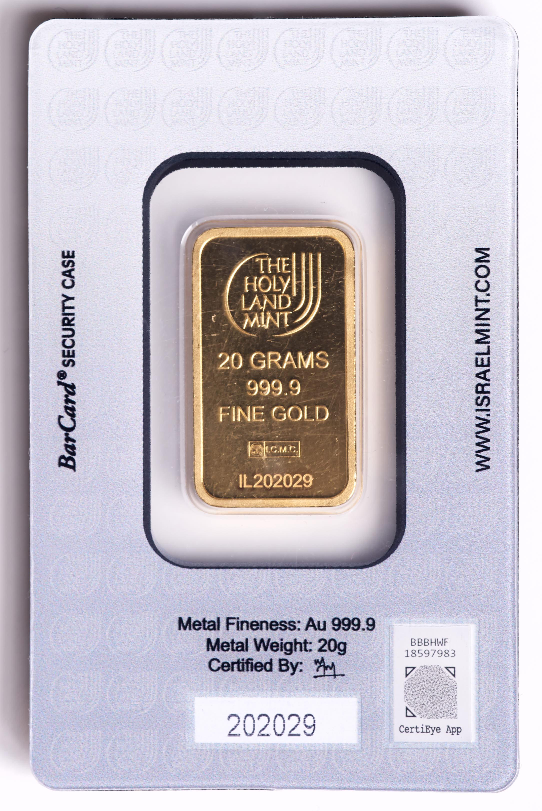 Holy Land Mint 20 gram .9999 Fine Gold Bar Dove of Peace In Assay ...