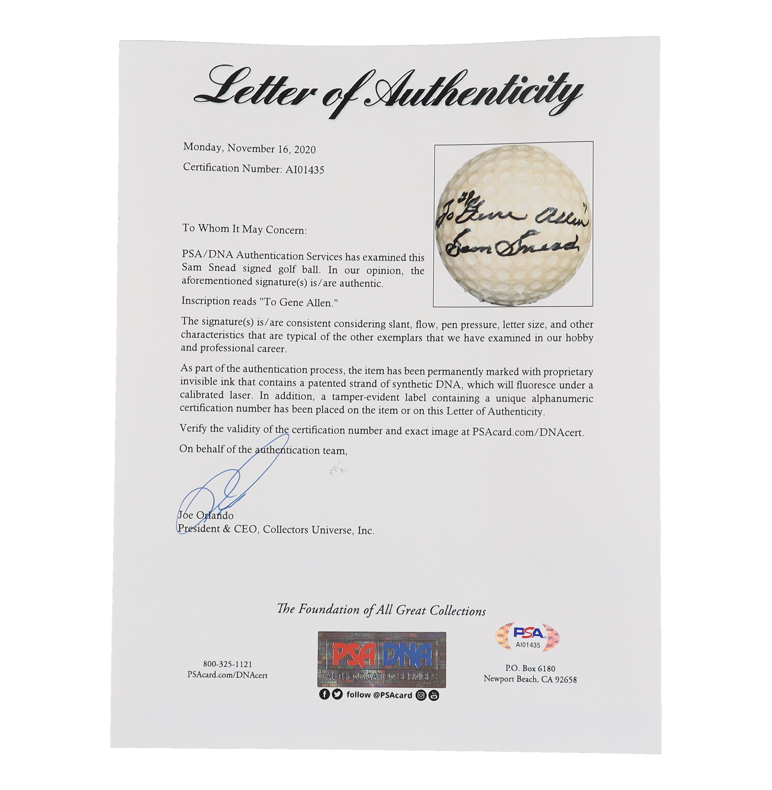 Sam Snead Signed Golf Ball (PSA) | Pristine Auction