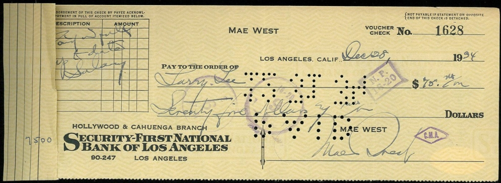 Mae West Signed Vintage Bank Check from 1938 (JSA COA) | Pristine Auction