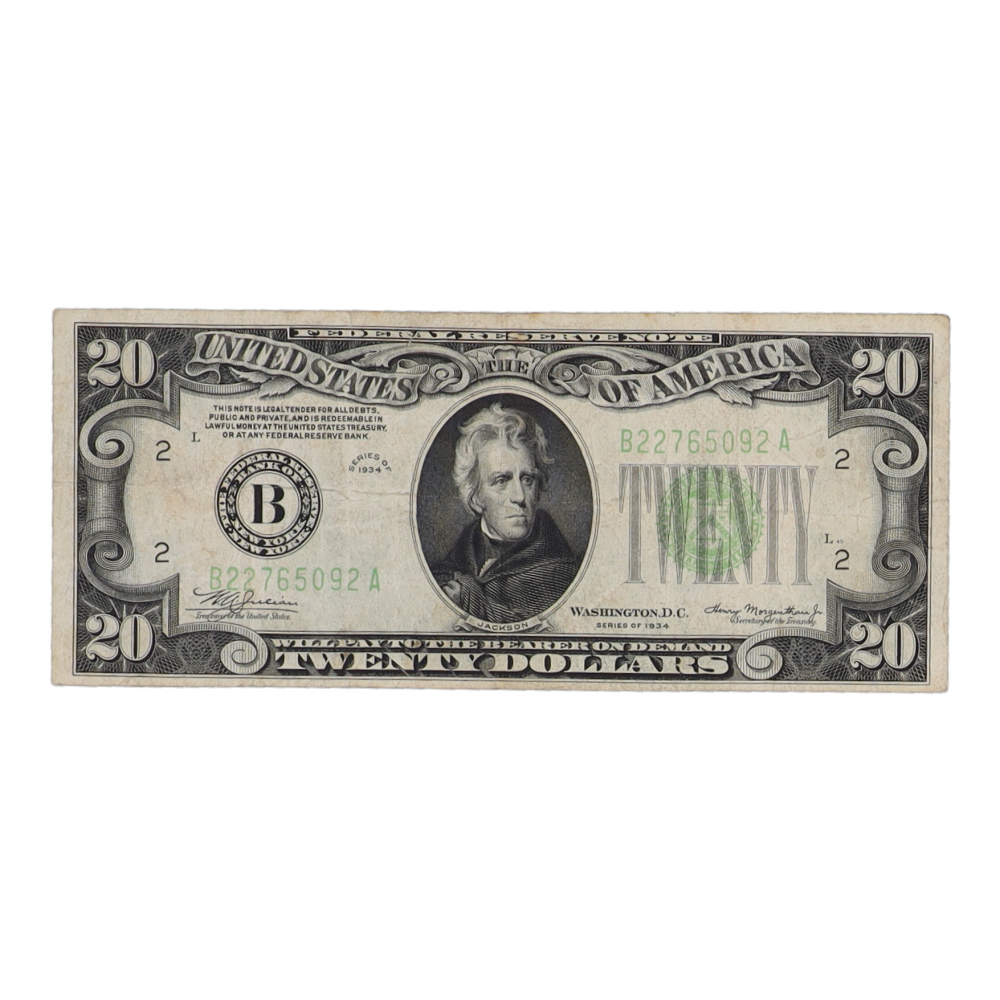 1934 U.S. $20 Legal Tender Note - Light Green Seal | Pristine Auction