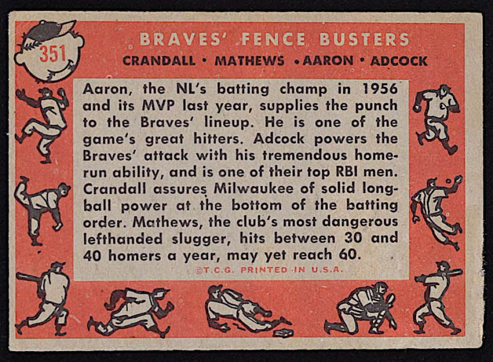1958 Topps #351 Braves Fence Busters / Del Crandall / Eddie Mathews ...