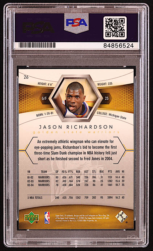 Jason Richardson Signed 2004-05 SP Authentic #26 (PSA) | Pristine Auction