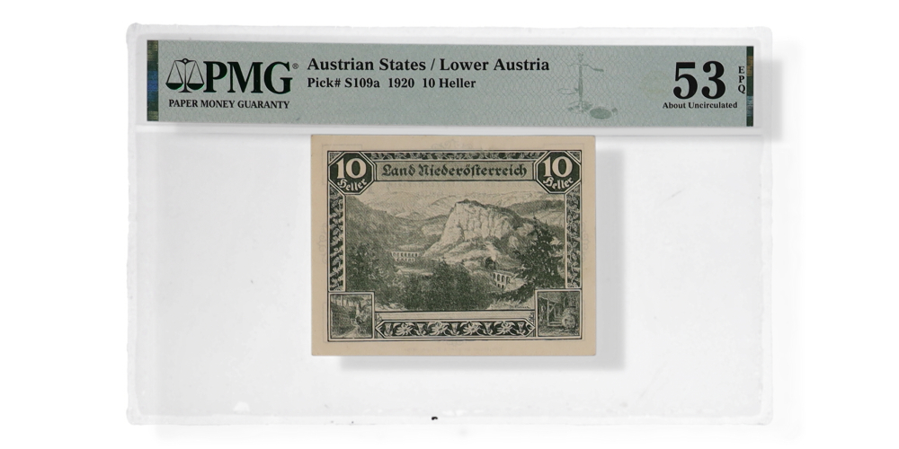 1920 Austrian States / Lower Austria - 10 Heller Note (PMG AU53 EPQ ...