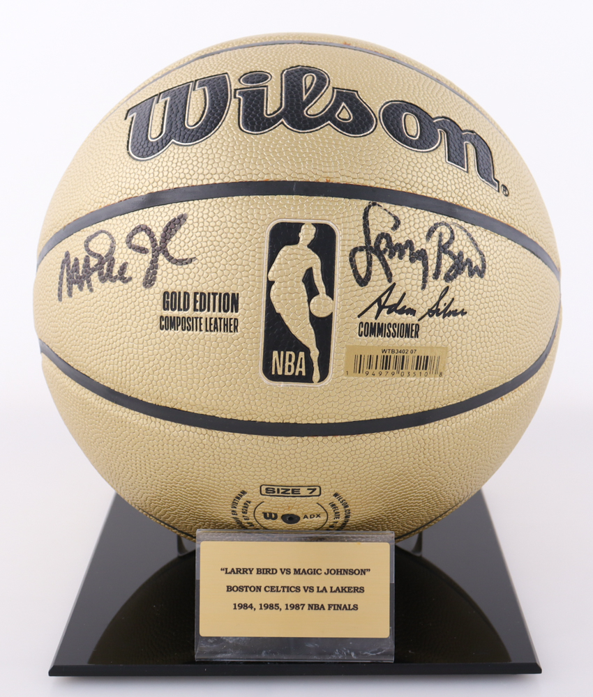 Larry Bird & Magic Johnson Signed Gold NBA Basketball With Nameplate Display Stand (PSA ...