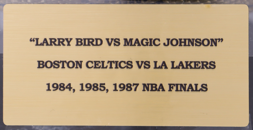 Larry Bird & Magic Johnson Signed Gold NBA Basketball With Nameplate Display Stand (PSA ...