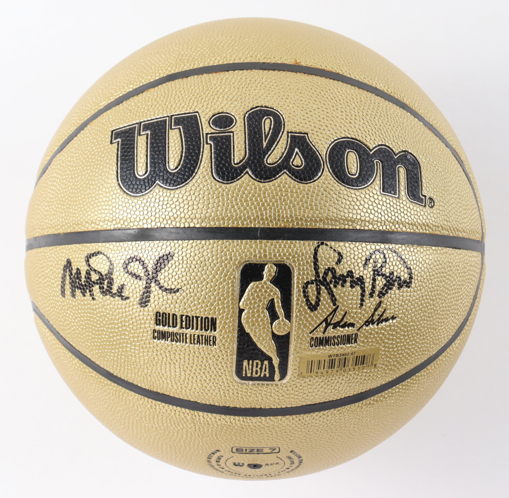 Larry Bird & Magic Johnson Signed Gold NBA Basketball With Nameplate ...