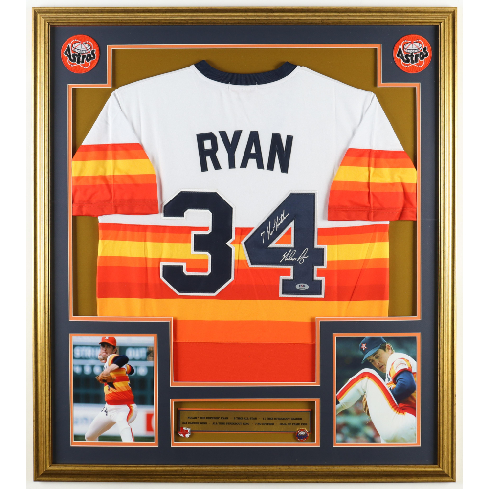 Nolan Ryan Signed Custom Framed Jersey Display Inscribed "7 No-Hitters ...