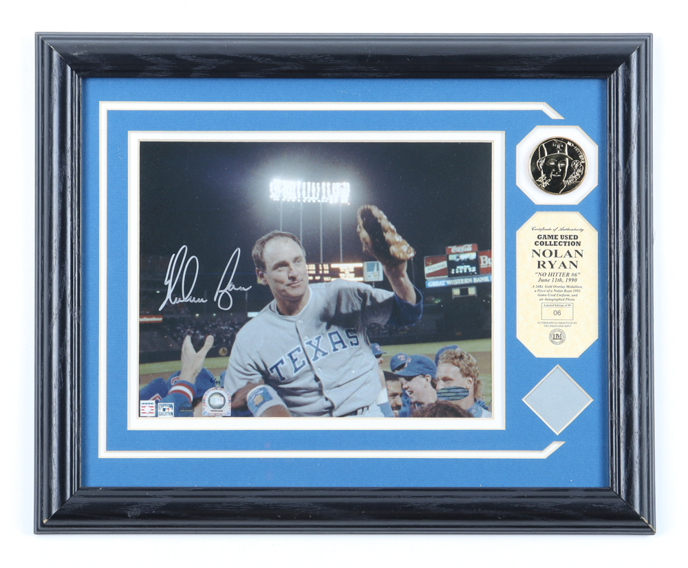 Nolan Ryan Signed LE Rangers Custom Framed Photo Display With Game-Used ...