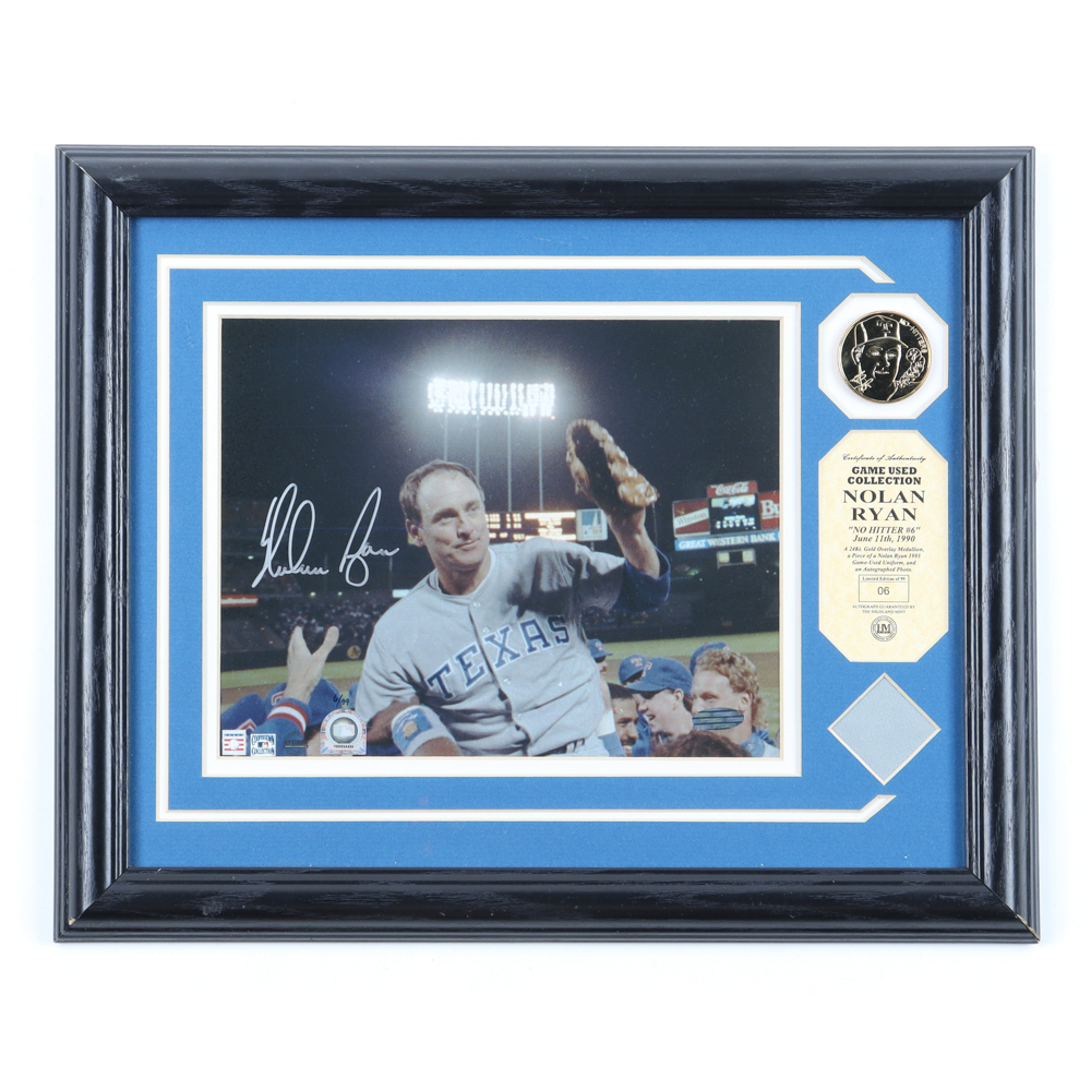 Nolan Ryan Signed LE Rangers Custom Framed Photo Display With Game-Used ...