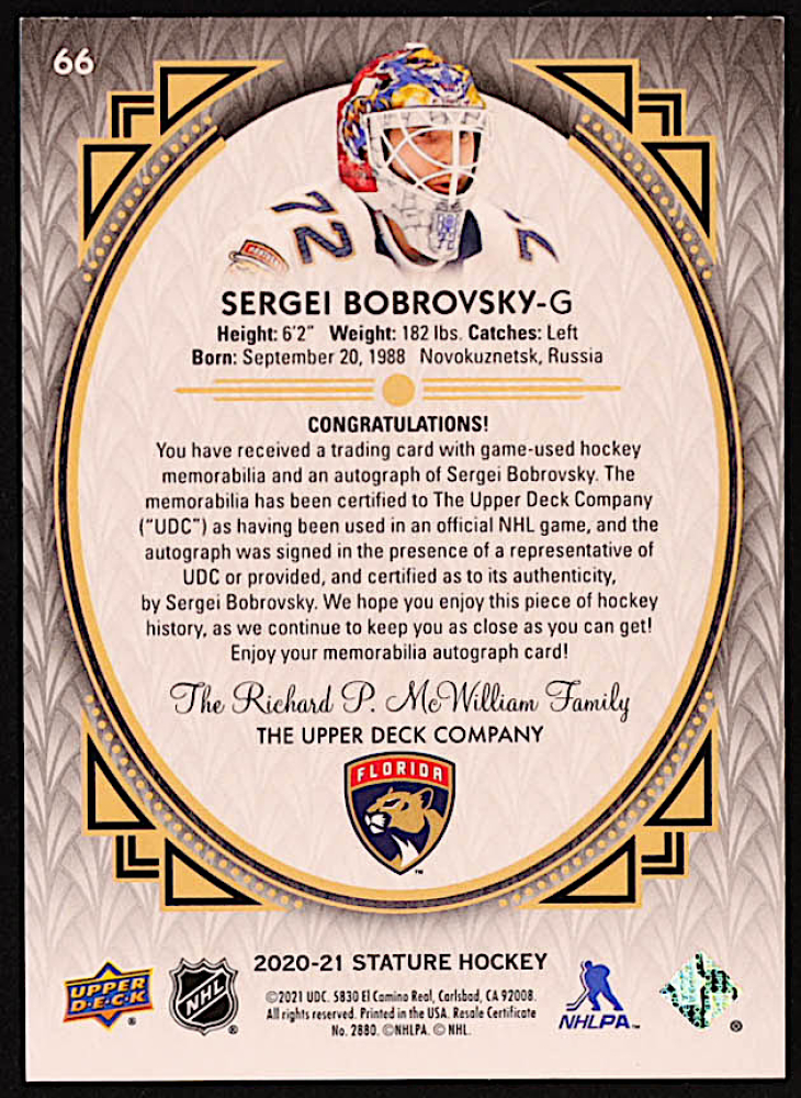 Sergei Bobrovsky 2020-21 Upper Deck Stature Portrait Patch Autographs #66 #22/33 | Pristine Auction