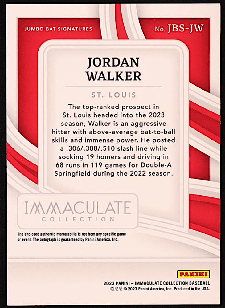 Jordan Walker 2023 Immaculate Collection Jumbo Bat Signatures #23 RC #5 ...